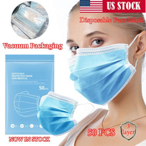 50 PCS Disposable Face Mask 3-Ply Vacuum Packaged for Adults, Ships fr ...